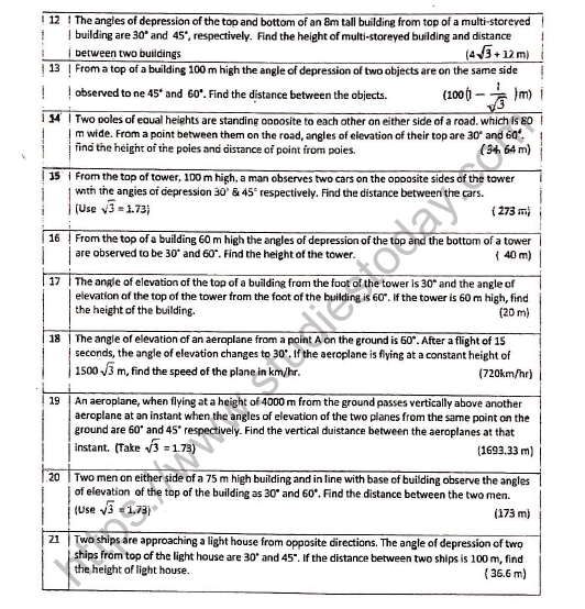 CBSE Class 10 Mathematics Application of Trignometry Worksheet Set A CBSE Class 10 Mathematics Application of Trignometry Worksheet Set A